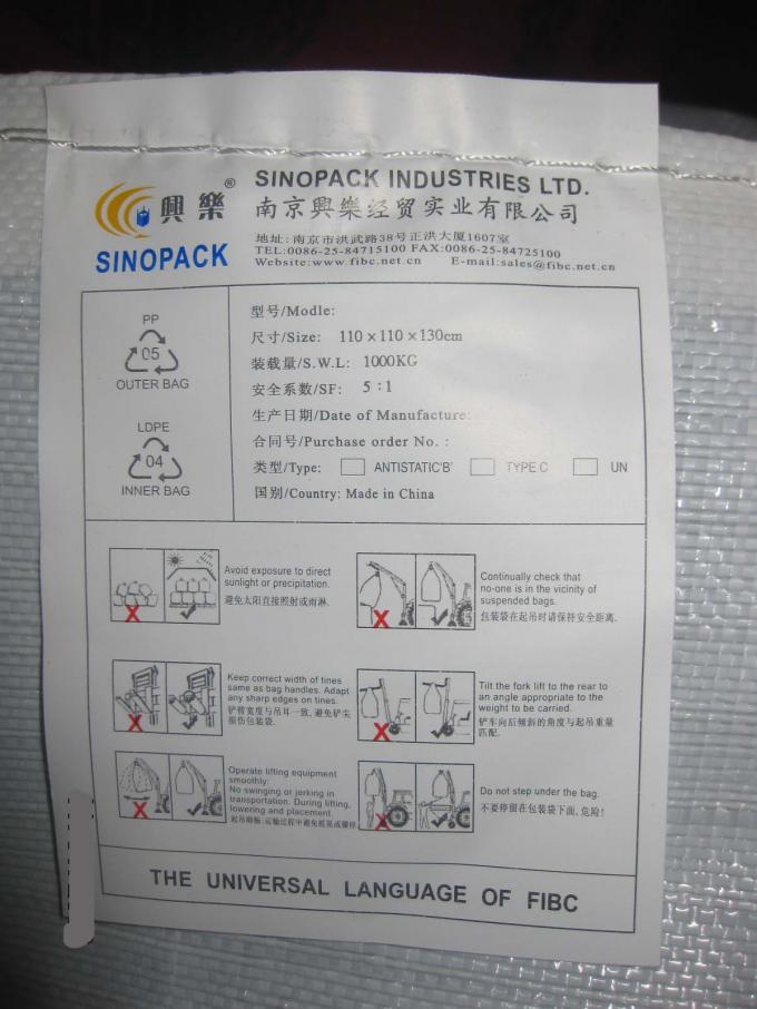 1 Ton UN FIBC U - Panel Duffle Top Virgin PP Woven Big Fibc Bulk Bag